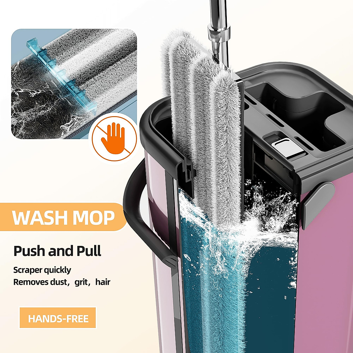 SWIFTIRON Flat Mop and Bucket for Home with Extra Refills, Stainless Steel Mop and Bucket with Wringer, Hands-Free Mop, Wet and Dry Use Mop with Long Handle (Purple)