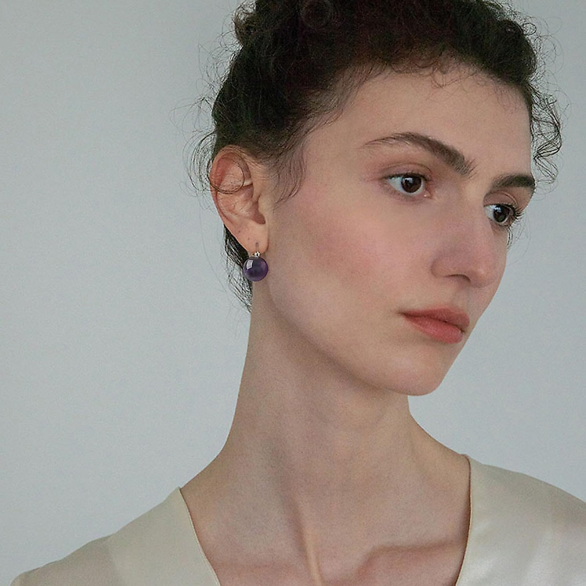 OwMell Elegant Gemstone Drop Dangle 925 Sterling Silver Earrings for Women 12mm - Silver with Amethyst