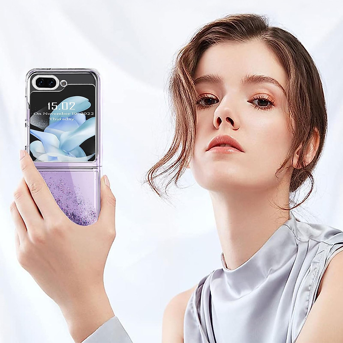 Case for Samsung Z Flip 5 Case Glitter, Samsung Galaxy Z Flip 5 Case Glitter Shiny Bling Sparkle Liquid Floating Quicksand Cover Soft TPU Slim Shockproof Protective Phone Case for Women Girls, Purple