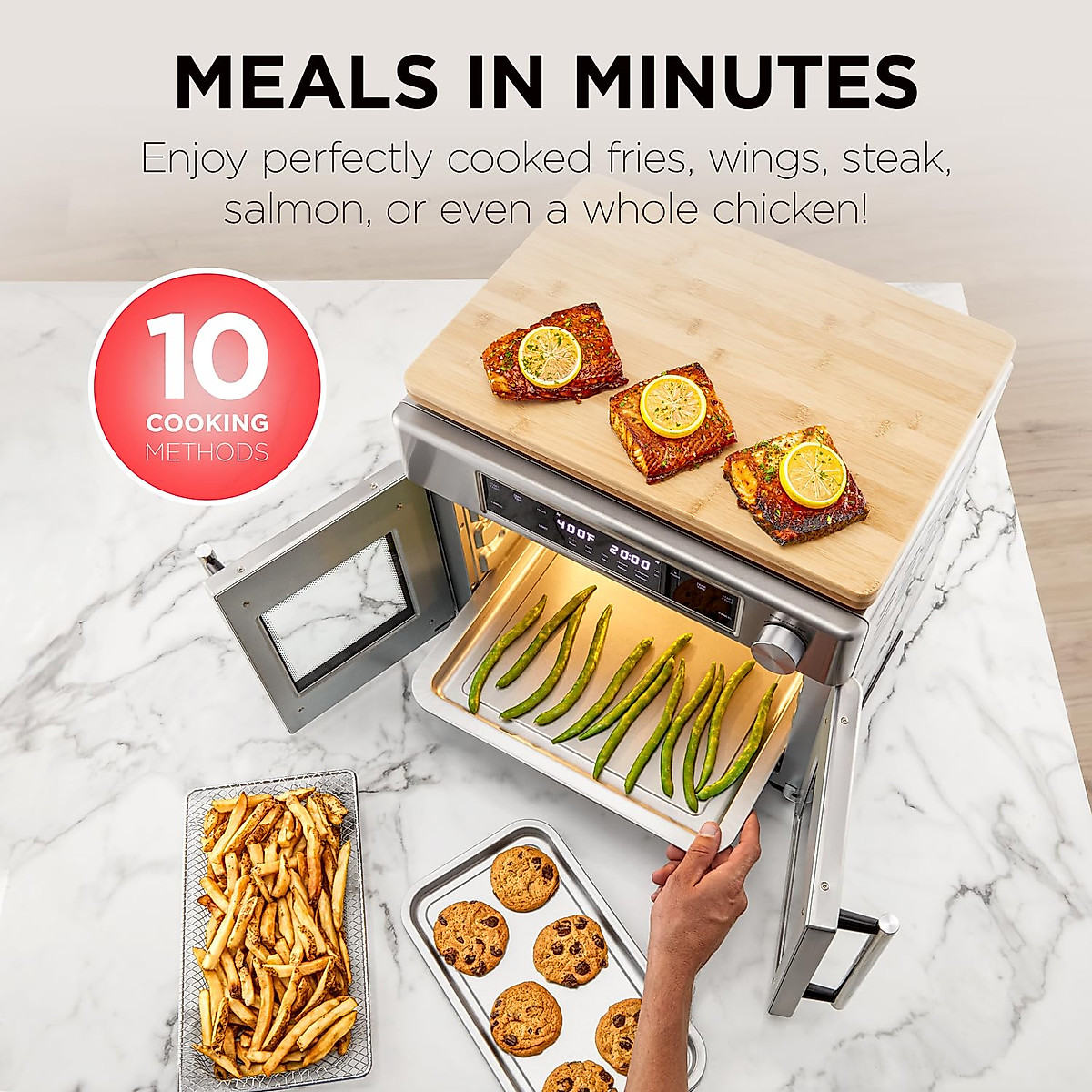 Dual Zone Air Fryer French Door Oven - 32 Qt Convection Toaster Combo - 10-in-1 Multifunction Up to 450° - 1800W - Temperature Control, Timer - Stainless Steel – Dehydrate, Broil, Bake, Roast, Ferment