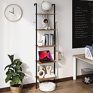 Tohomeor Industrial Bookshelf Wall Mounted 5-Tiers Ladder Shelf Wooden and Metal Narrow Thin Bookshelf Open Display Storage Rack for Living Room Bedroom Home Office (Rustic Brown, Small)