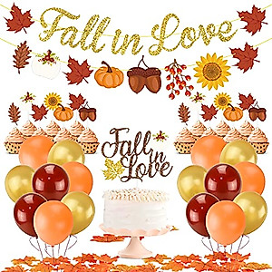 Autumn Bridal Shower Party Decorations, Fall in Love Banner Autumn Little Pumpkin Maple Leaves Acorn Party Cake Topper Balloon for Fall Theme Wedding Bachelorette Engagement Bride to be Valentines Day Party Supplies