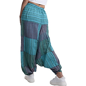 PEACH PEBBLE Harem Pants Unisex, Hippie 100% Cotton Soft Yoga Boho Trousers, Hippie Colorful Patchwork Pants Men Women Casual Fashion Aladdin Dhoti Stoned Washed Drop Crotch pare Cotton - Blue Turtle