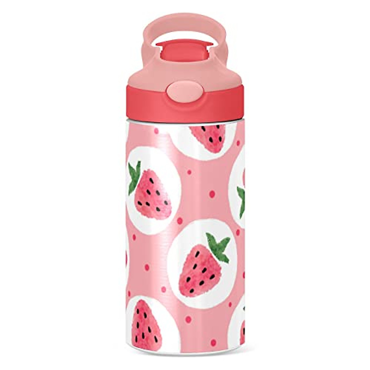 Children Insulated Water Bottles with Straw for School Kids Strawberry Pink Cute Stainless Steel Vacuum Double Wall Keeps Hot and Cold with Handles