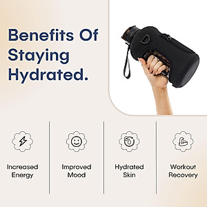 Half Gallon Water Bottle with Storage Sleeve and Straw Lid - BPA Free Large Gym Water Bottle with Pockets - Leak Proof - Reusable Black Water Jug with Strap, Handle for Daily Hydration (74 Ounce)