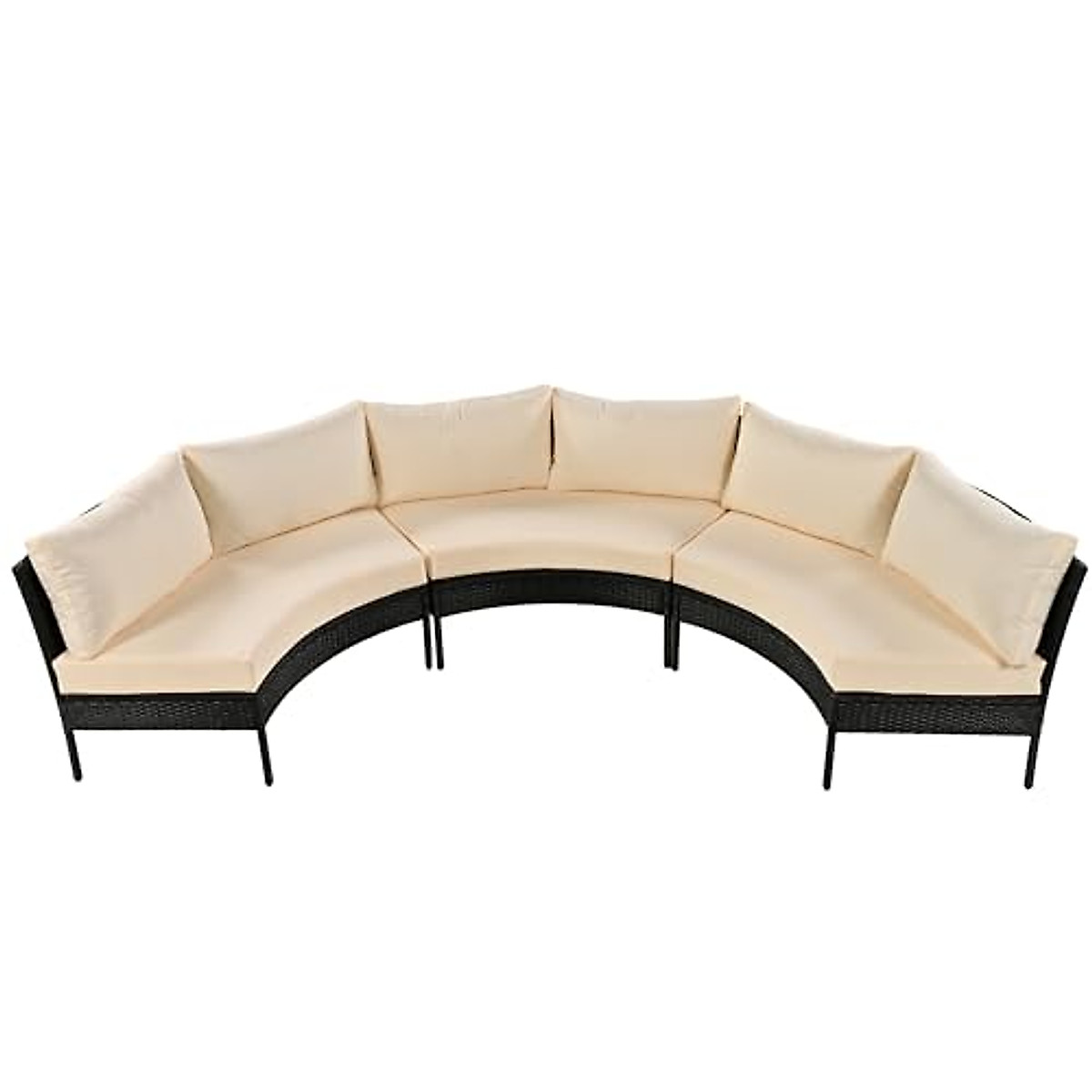EOVTK 3-Piece Outdoor Furniture Patio Half-Moon Rattan Conversation Set, All Weather Curved Sectional Sofa with Thick Soft Cushions, Beige