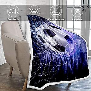 WONGS BEDDING Socccer Throw Blanket Reversible Purple Flame Soccer Pattern Blanket for Soccer Fans Teens Boys Kids, Cozy Warm Blanket for All Seasons, Plush Fleece Blanket Sofa Couch Bed 50" X 60"