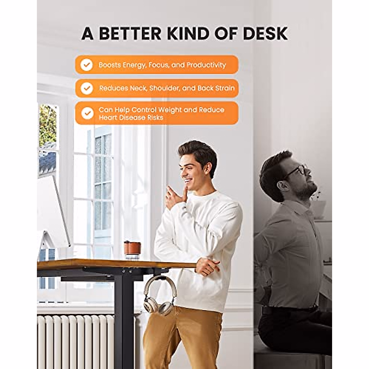 ErGear Electric Standing Desk with Drawer, Adjustable Height Sit Stand Up Desk, Home Office Desk Computer Workstation, 48x24 Inches, Vintage Brown