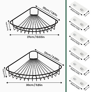 COSYLAND Corner Shower Shelf Set of 2, Stainless Steel 304, Shower Basket without Drilling, for Bathroom/Kitchen/Bedroom, with Self-Adhesive Mat, 4 Pieces and 2 Hooks, Black