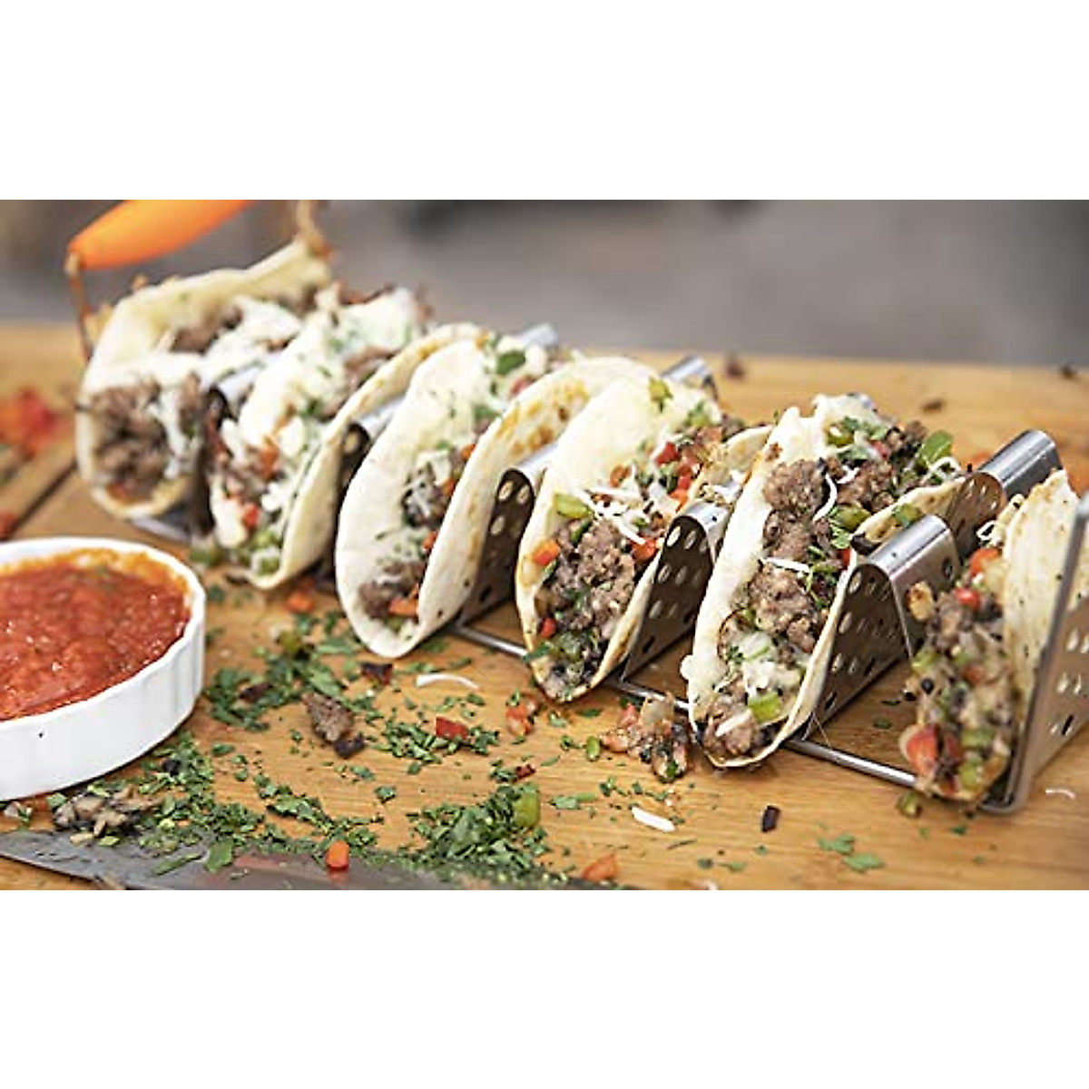 Blackstone 5173 Deluxe Holder Stand Pack of 2 Stainless Steel Racks with Heat Resistant Handles-One Tray Holds 6 Tacos-Dishwasher Safe, Orange/Silver