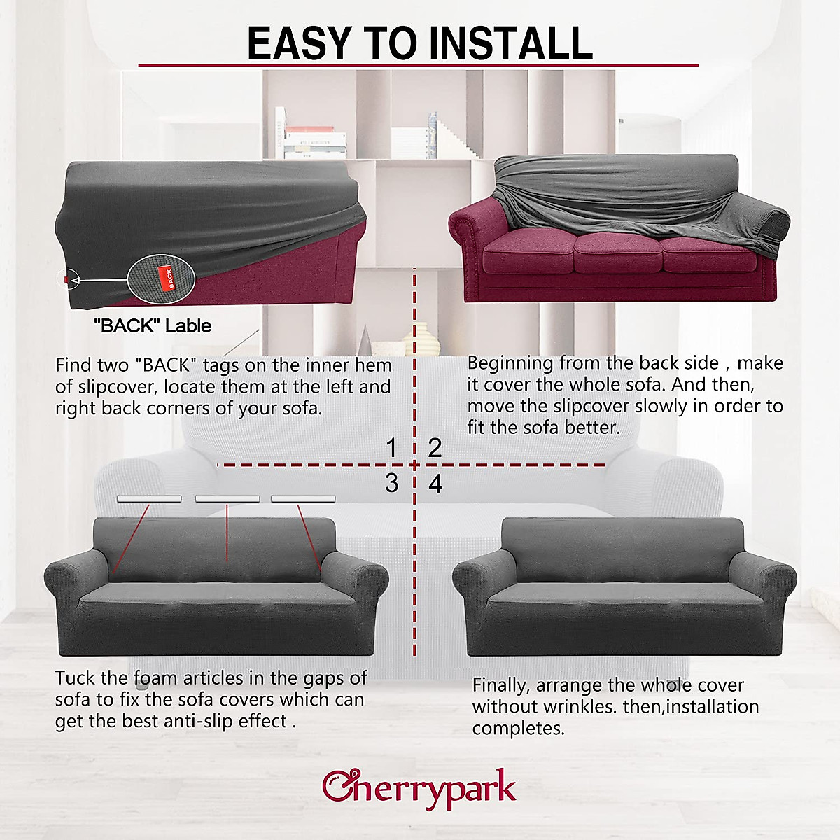 Cherrypark High Stretch Couch Cover for 2 Cushion Couch Universal Waterproof 2 Seat Sofa Covers Non Slip Sofa Slipcovers with Elastic Hem Living Room Furniture Protector (Medium, Blackish Green)