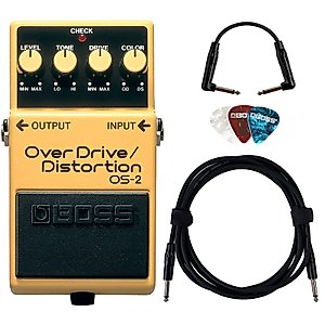 Boss OS-2 OverDrive/Distortion Bundle with 10ft Instrument Cable, 6in Patch Cable, and Picks