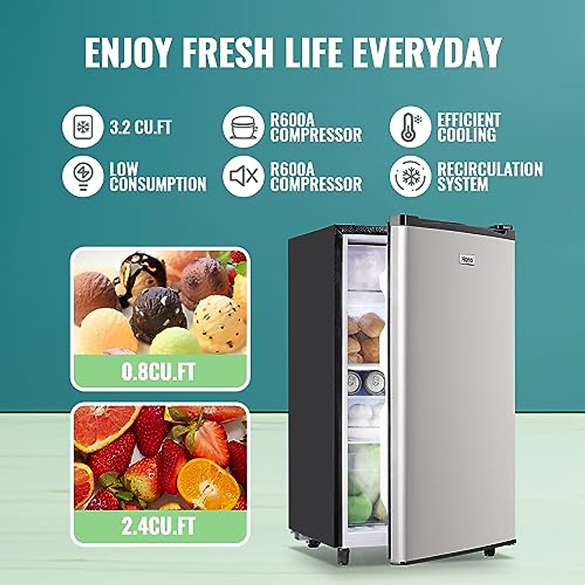 WANAI Mini Fridge with Freezer 3.2 Cu.ft Single Door Small Refrigerator with 5 Temp Adjustable Control Silver Freestanding Compact Refrigerator Energy-efficient, for Home Kitchen Apartment Dorm Office