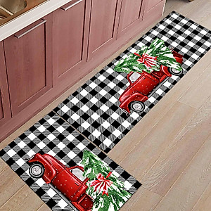 Christmas Kitchen Rugs and Mats 2 PCS Red Truck Xmas Tree Black White Buffalo Check Kitchen Mats for Floor, Farmhouse Non-Slip Rugs with Runner for Kitchen,Office,Sink,Laundry 15.7"x23.6"+15.7"x47.2"