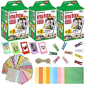 Fujifilm Instax Mini Instant Film (3 Pack, 60 Sheets) 5 Plastic Desk Frames + 10 Paper Frames Plus 60 Sticker Frames