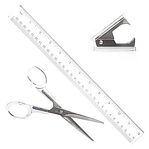 Silver Acrylic Lucite Bundle | Premium Stapler, Tape Dispenser, Scissors, Staple Remover, & Ruler Gift Set | Clear Stationery & Desk Accessories | Modern, High End, Chic, Luxury Office Goods
