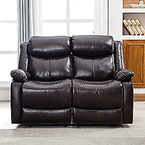 MOEO Leather Reclining Loveseat Sofa, Manual Living Room 2 Seat Couch for Dorm Small Apartment Home, Brown