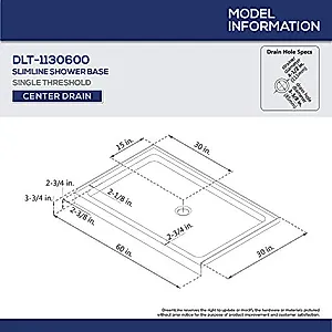 DreamLine DLT-1130600-T44 Slimline 30 in. D x 60 in. W x 2 3/4 in. Center Drain Single Threshold Shower Base in Slate Gray