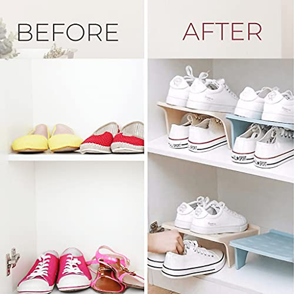 Handys Space Saving Plastic Double Shoe Slot Stacker and Organizer Rack - 4-Pack Saver Set of 4 Colors Slots for Closet Decker Multi