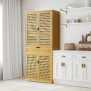 MUPATER Kitchen Pantry Storage Cabinet Microwave Hutch, 72'' Freestanding Bamboo Hutch Cabinet Buffet Cupboard Tall with Drawer and Doors for Home Kitchen Living Room