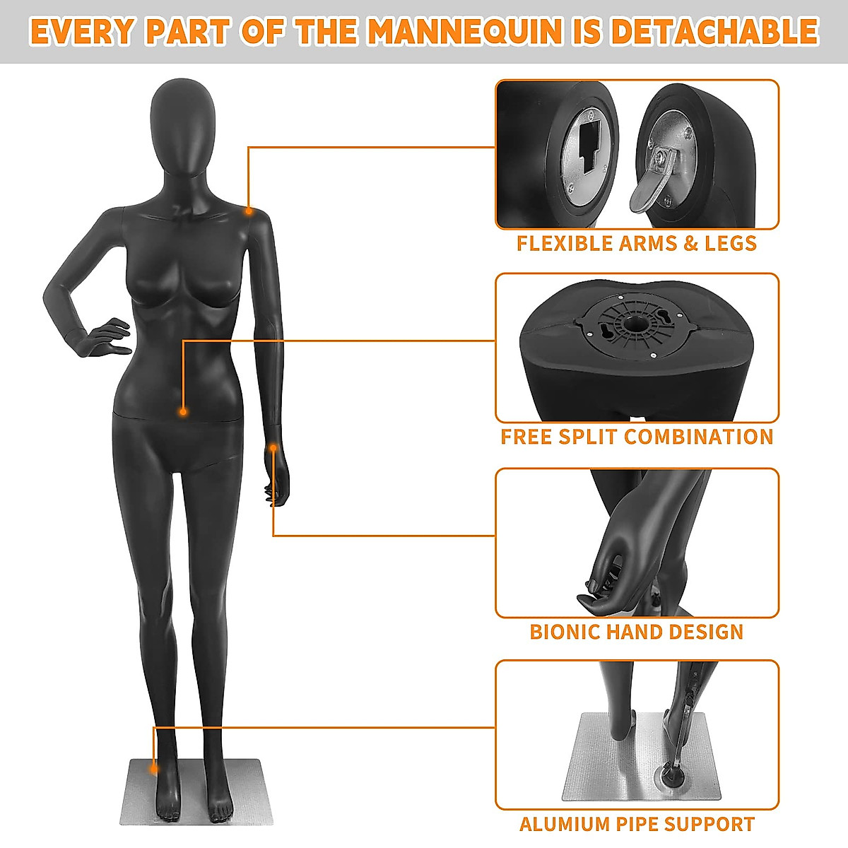 Black Female Mannequin Full Body Mannequin Torso Dress Form Sewing Dress Model 70 Inches Adjustable Dress Mannequin Clothing Form Plastic Detachable Mannequin Stand Realistic Display Mannequin