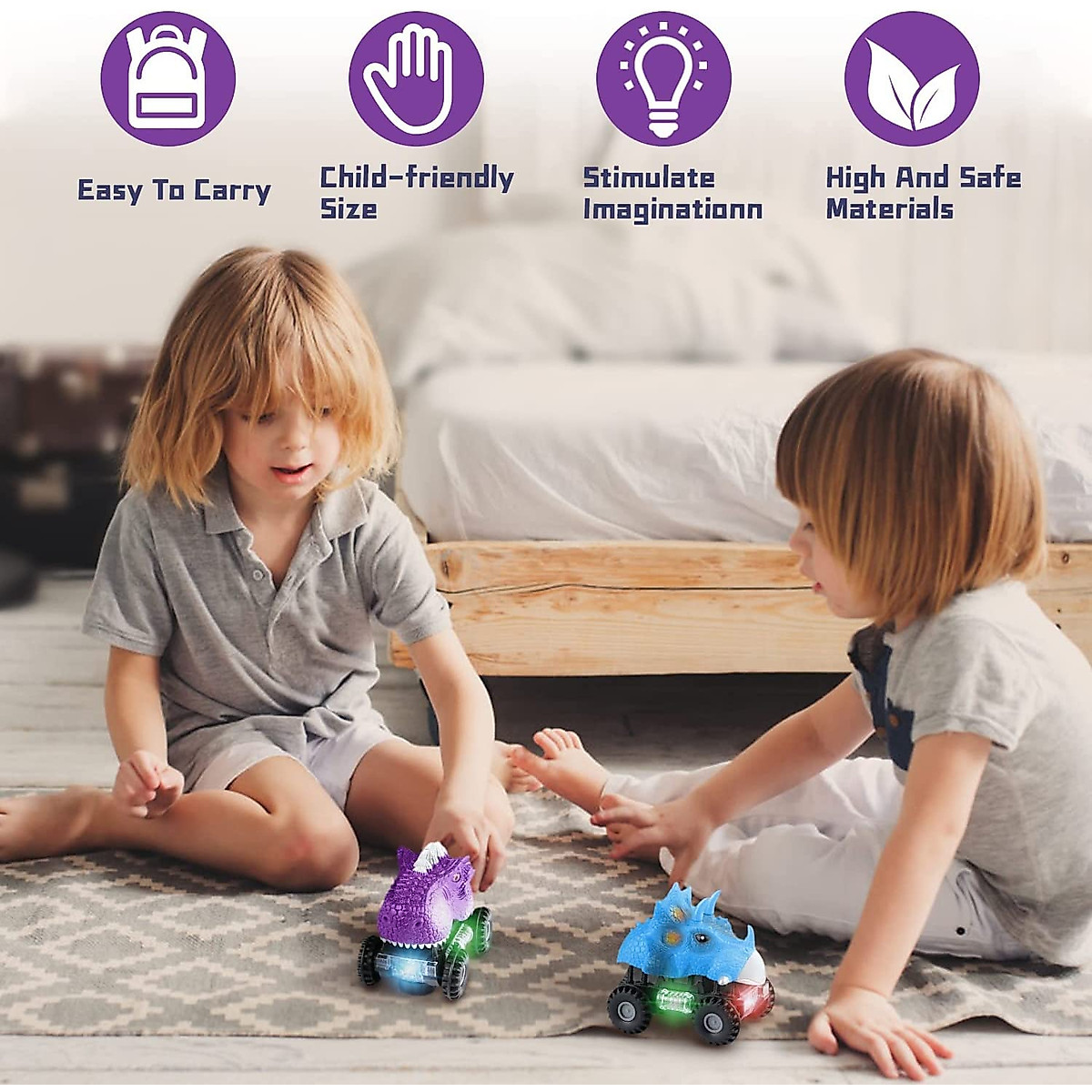 Dinosaur Cars, Dinosaur Toys for Kids 3-5 with LED Light & Sound, Dino Toddler Toys for 3+ Year Old Boys Girls Birthday Gifts ， Automatically Change Direction Dinosaur Truck Toys (Orange & Green)