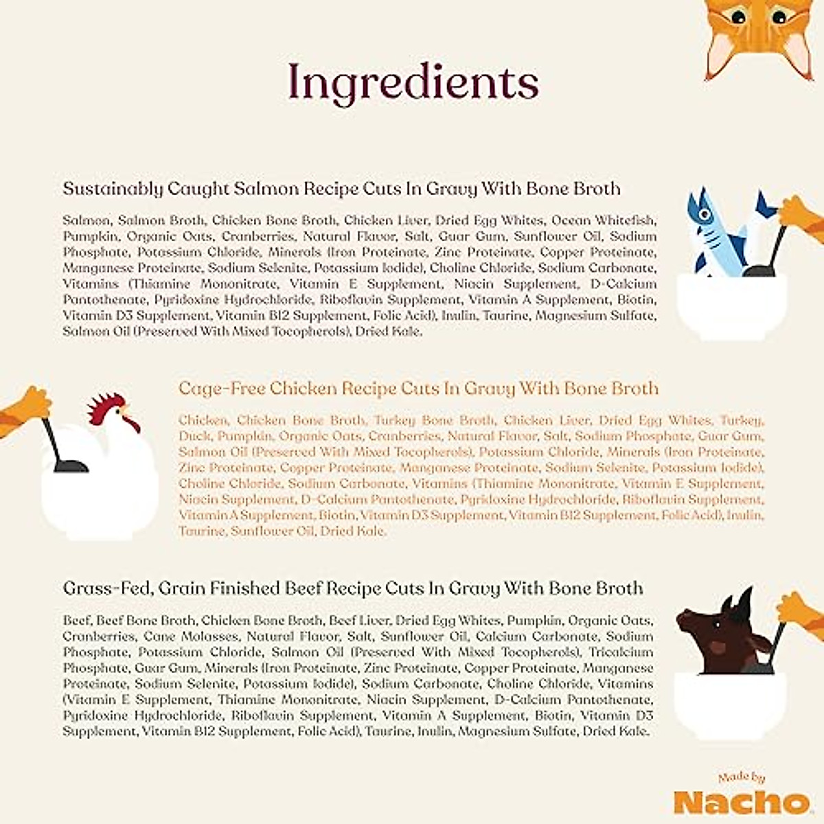 Made by Nacho Wet Cat Food Variety Pack, Cage-Free Chicken, Sustainably Caught Salmon, Grass-Fed Beef with Bone Broth for Extra Hydration, (12) 3 oz Pouches