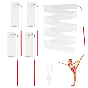 Grevosea 4 PCS Gymnastics Ribbon,Dance Ribbons Rhythmic Dancing Streamers White Ribbon Baton Twirling Wands for Twirling Artistic Dancing Gymnastics Kids Talent Shows Gymnastic Training