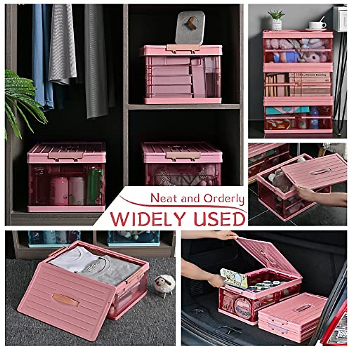 DSVENROLY 2Pcs Foldable Plastic Storage Box With Lid, Upgrade Multifunction Transparent Collapsible Storage Bins, Stackable Clear Latch Storage Box with Handle, Folding Plastic Containers (Pink)
