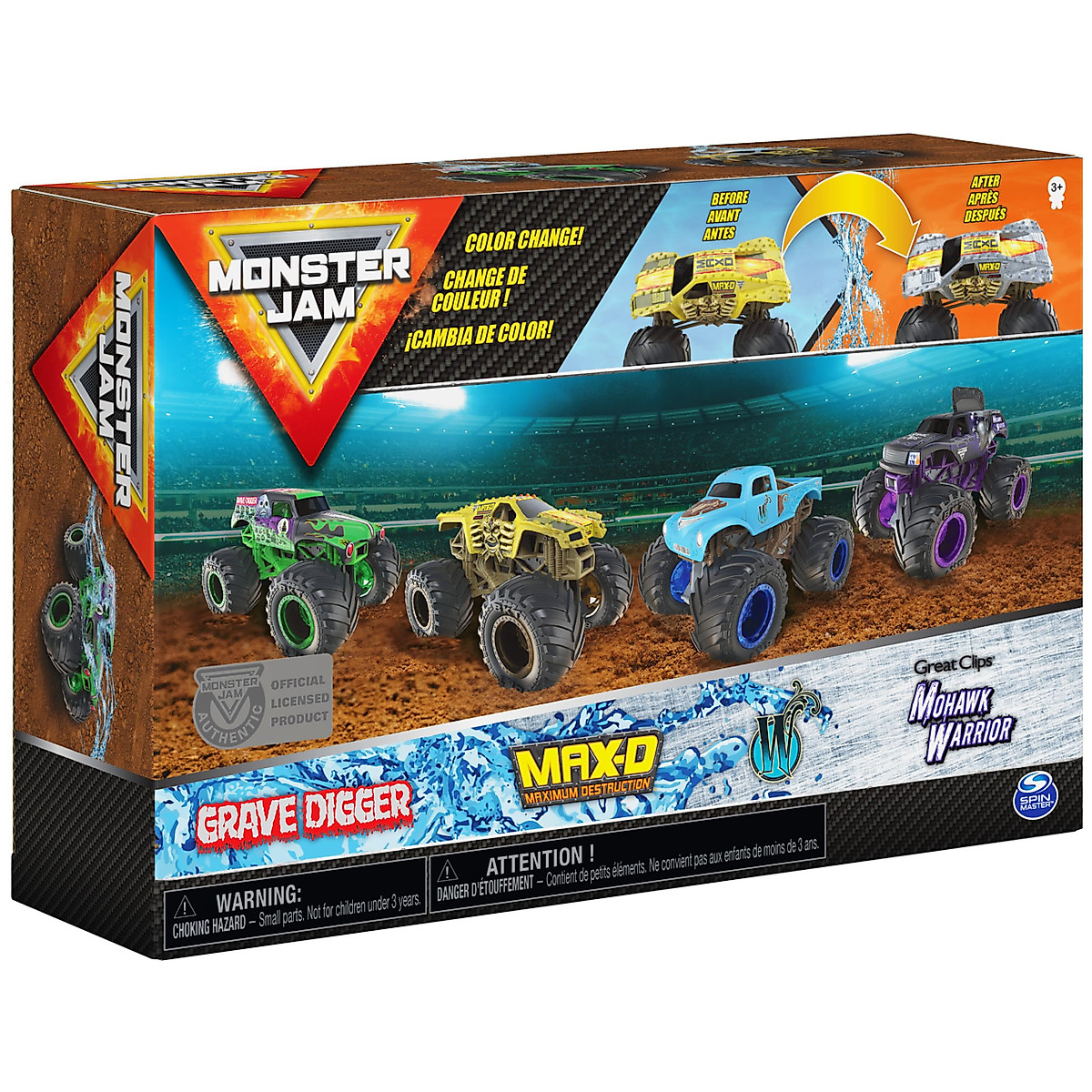 Monster Jam, Official Reveal The Steel 4-Pack of Color-Changing Die-Cast Monster Trucks, 1:64 Scale