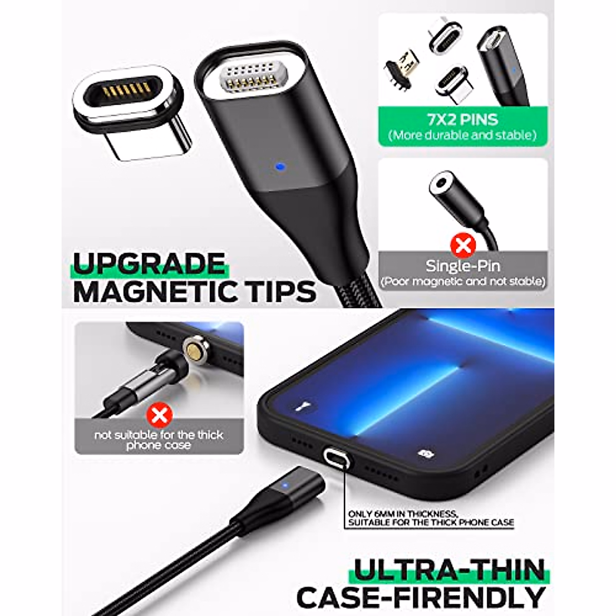 YKZ 60W USB C Magnetic Charging Cable 2Pack with Extra Magnetic Type C/MicroUSB and i-Product Tips