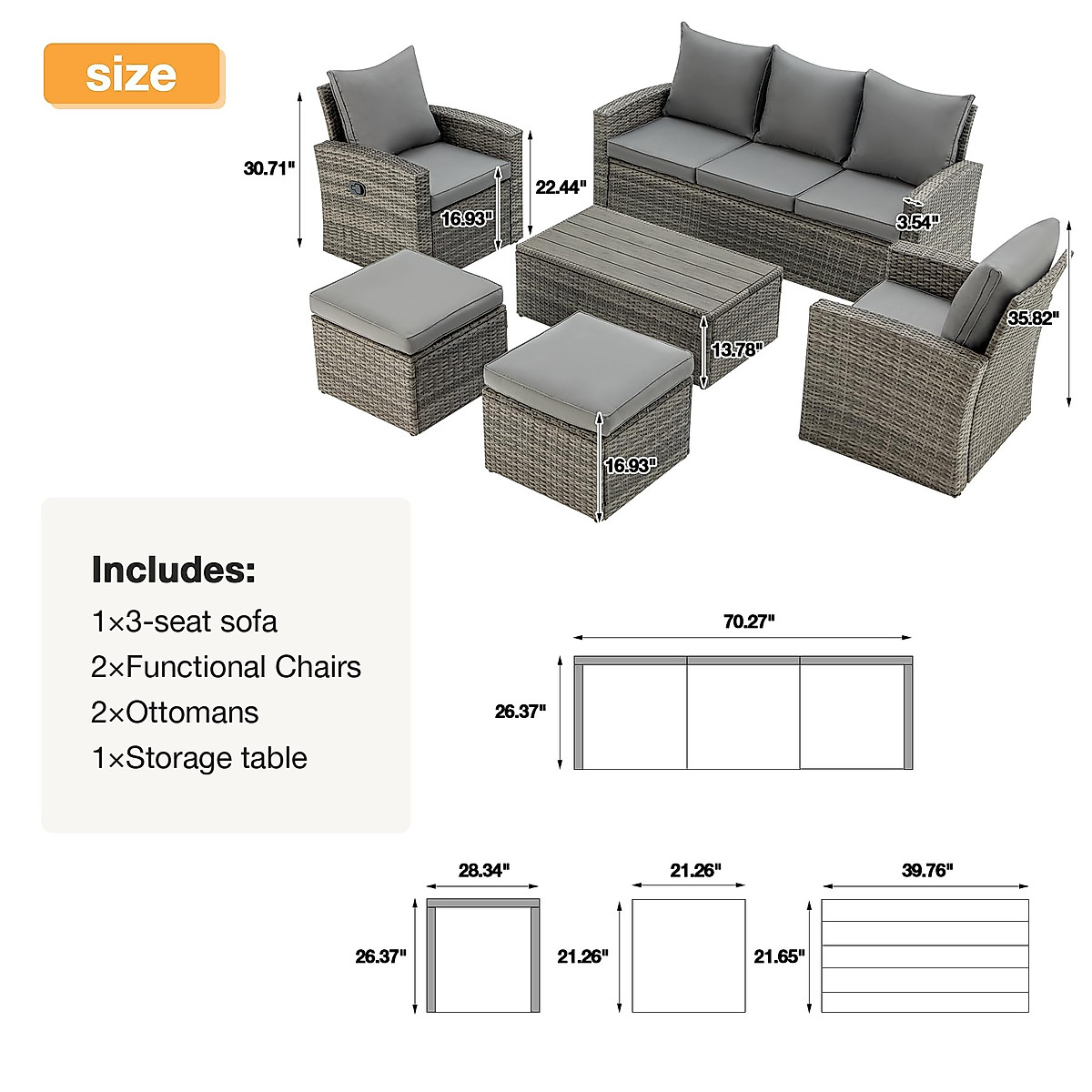 GYUTEI 6 Piece Patio Furniture Set, Outdoor Sectional Conversation Rattan Sofa Set with Ottoman and Outdoor Storage Table for Garden, Porch, Backyard(Grey)