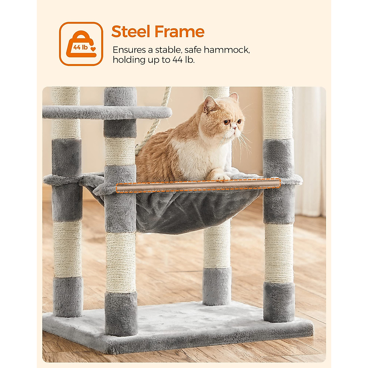 FEANDREA Cat Tree, Cat Tower for Indoor Cats, 56.3-Inch Cat Condo with Scratching Posts, Hammock, Plush Perch, Light Gray UPCT15W