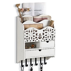 Dhmkfly 3-Slot Mail Sorter Organizer Wall Mount with 6 Key Hooks, Key Holder for Wall Decorative with 2 Drawer, Key Rack Hanger for Home Coat/Letter/Magazines/Dog Leash/Entryway/Room Decor