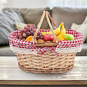 Woven Picnic Basket with Handles: Wicker Basket Eggs Candy Basket with Red and White Gingham Blanket Lining for Egg Gathering, Wedding, Candy Gift