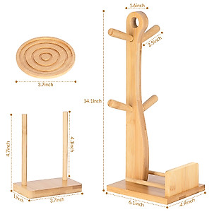 E-ROOM TREND Bamboo Mug Holder with Coasters 4 Pcs, Coffee Mug Tree for Large Mugs with 4 Hooks Stand for Countertop Coffee Bar Accessories Decor Coffee Organizer Station(MHC400)