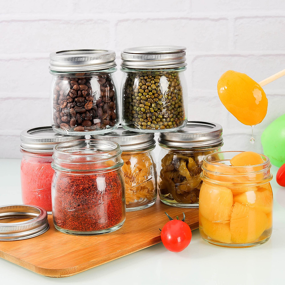 12Pack Mason Jars 8oz with Airtight Lids and Bands - Regular Mouth Glass Canning Jars, Small Half Pint Mason Jars for Preserving, Pickling, Honey, Jam, Jelly, Kitchen Spice jars, DIY Gift