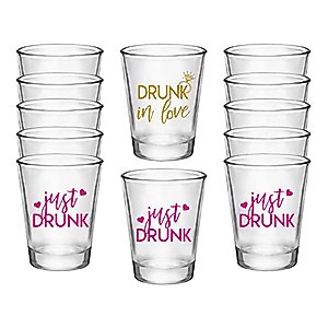 Drunk In Love and Just Drunk Bachelorette Party Shot Glasses, Set of 12, 11 Pink Just Drunk and 1 Gold Drunk In Love Shot Glass, Perfect Bachelorette Party Decorations and Brides Maid Gifts