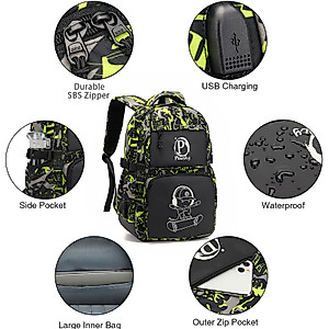 Pawsky Skateboard Anime Luminous Backpack School Backpack with USB Charging Port for Teen Boys, College School Bookbag Lightweight Laptop Bag with Sling Bag Set, Green