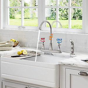 GOWIN Brushed Nickel Kitchen Faucet with Side Sprayer, 2-Handle High Arc 3 or 4 Holes 8 Inch Centerset Kitchen Sink Faucet for Rv Camper Sinks,Stainless Steel Farmhouse Faucet