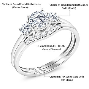 Gem Stone King 10K White Gold Multi-Color Multi and White Lab Grown Diamond 3-Stone Bridal Engagement Wedding Ring Set For Women (0.74 Cttw, Gemstone, Round 5MM, Size 6)