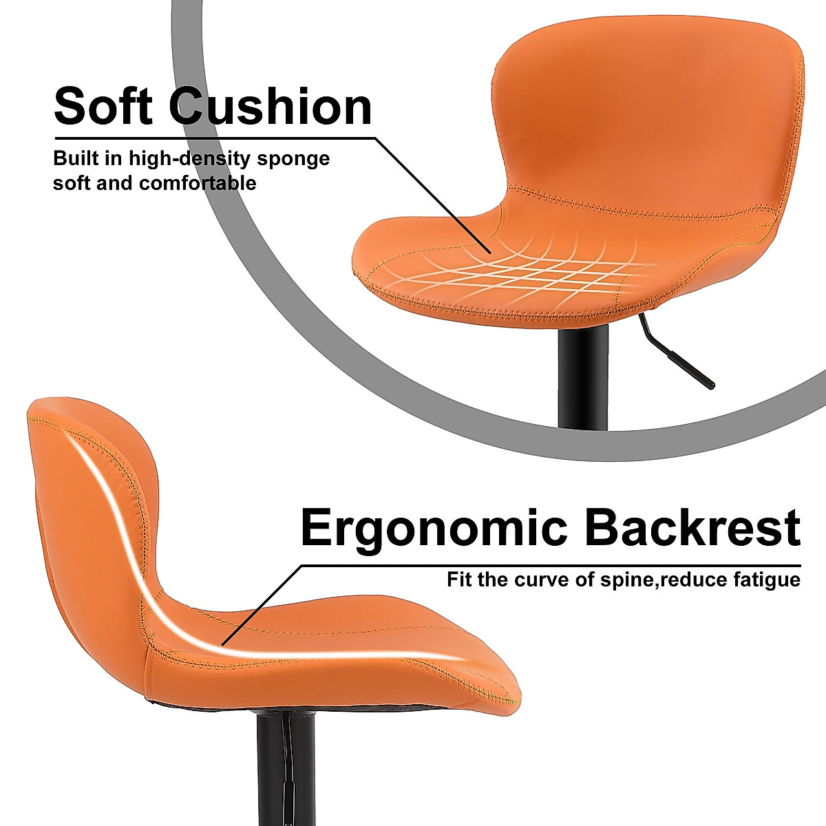 Youhauchair Bar Stools Set of 2, PU Leather Counter Height Barstools with Back, Height Adjustable Swivel Bar Chairs, Modern Armless Kitchen Island Stool, Orange