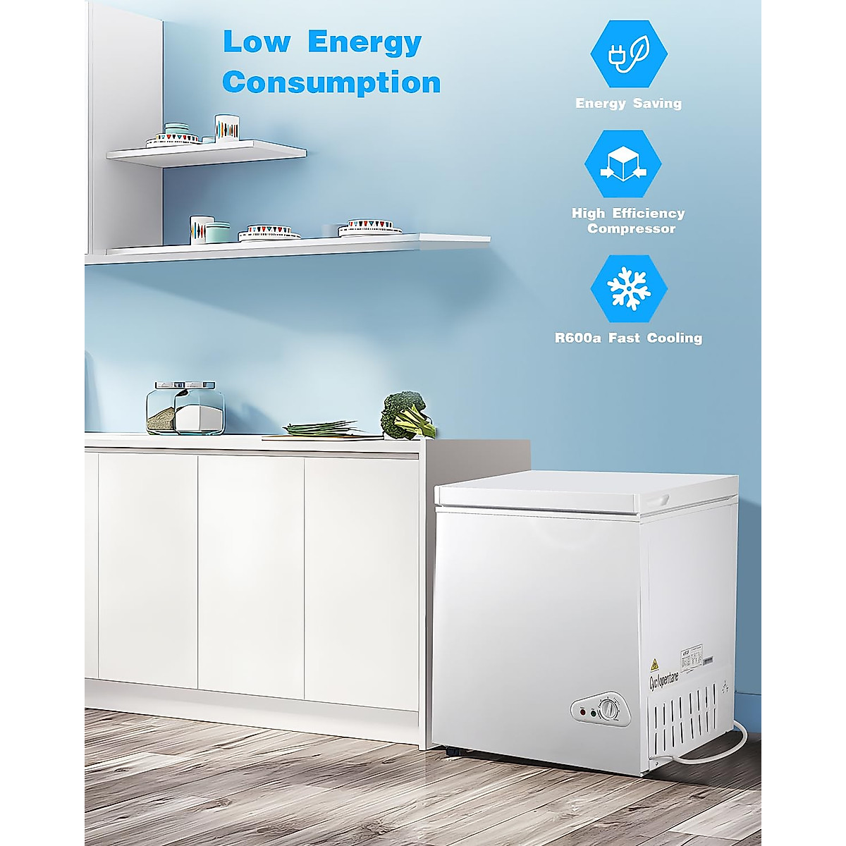 Iorbur FLG-72Q-WHITE 3.5 Cu.Ft Chest 7 Gears Adjustable Temperature Control(-18°F to-46°F) with a Removable Basket, Deep Compact Freezer for Garage, Office, Basement, House, Kitchen, Shop, RVs-White