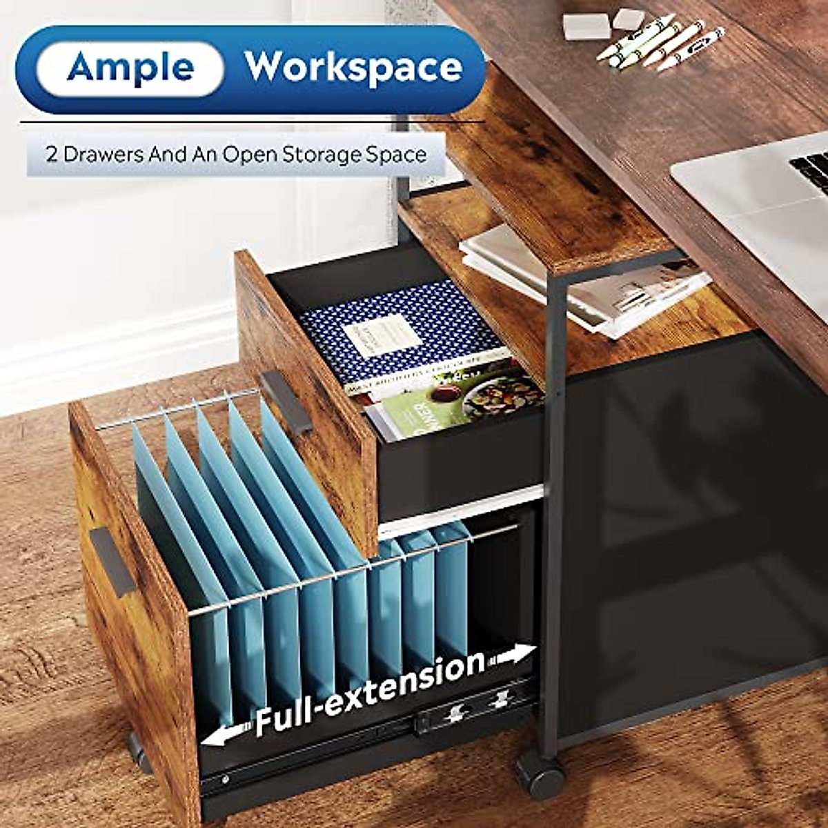 DEVAISE 2 Drawer File Cabinet, Mobile Printer Stand with Open Storage Shelf, Wood Filing Cabinet fits A4 or Letter Size for Home Office, Rustic Brown