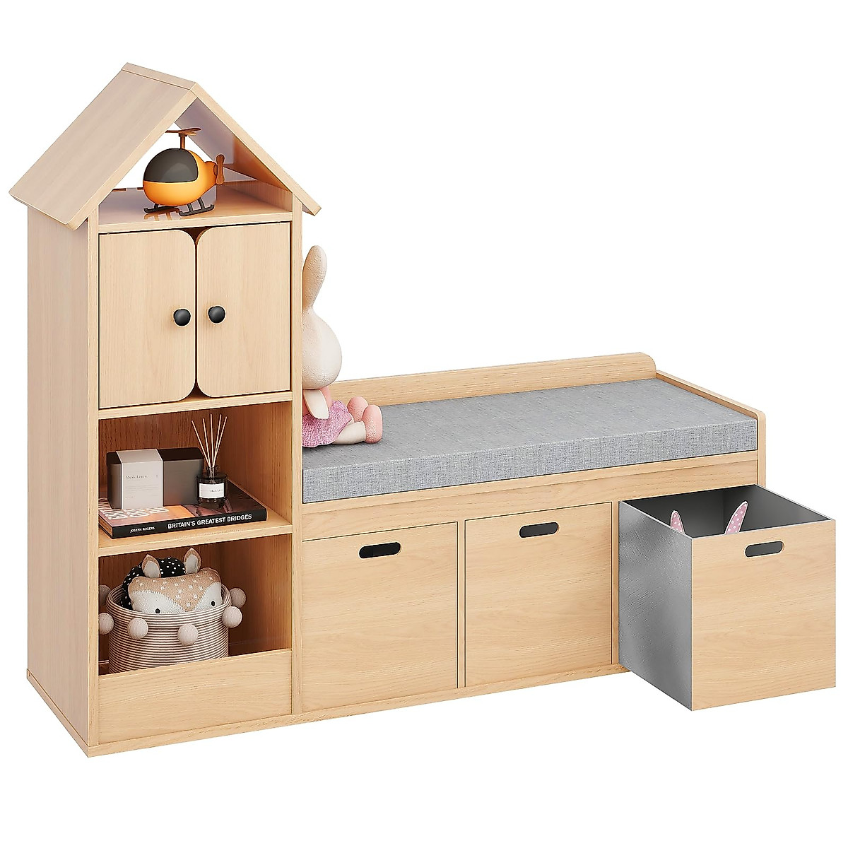 Kids Bookcase and Bookshelf with Reading Nook, Toy Storage Organizer for Kids, Oak Castle Wooden Bookcase with 3 Open Storage Cubbies 3 Drawers and Seat Cushion for Children's Room, Playroom, Oak