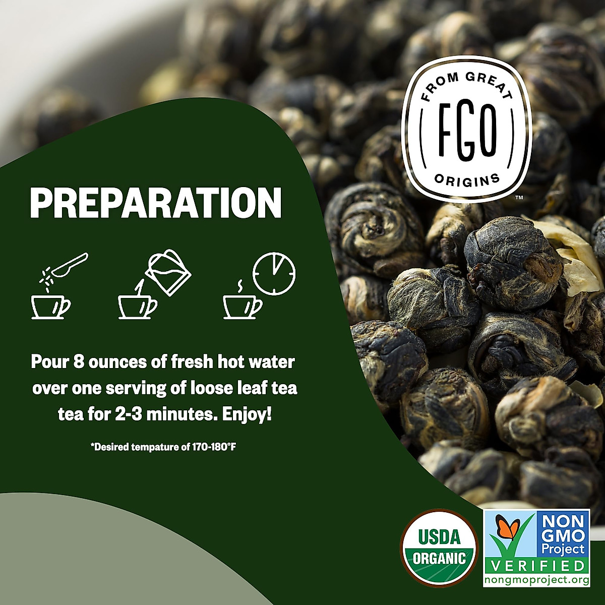 FGO Organic Gunpowder Green Tea, Loose Leaf, 16oz Bulk Resealable Bag, Packaging May Vary (Pack of 1)