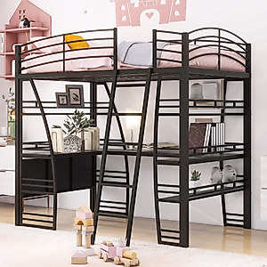 Full Size Metal Loft Bed with Desk and Bookcase, Modern Style Heavy-Duty Steel Frame Bunk Bed with Sockets, USB Ports and Wireless Charging (Full, Black)