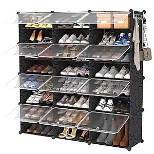 C&AHOME Shoe Rack, 48-Pair 18"x14" Widened Portable Shoe Organizer, 8-Tier Plastic Freestanding Shoe Storage Cabinet, DIY Shoe Shelves with Visualization Doors, 54.6" L × 14.2" W × 56.8" H Black
