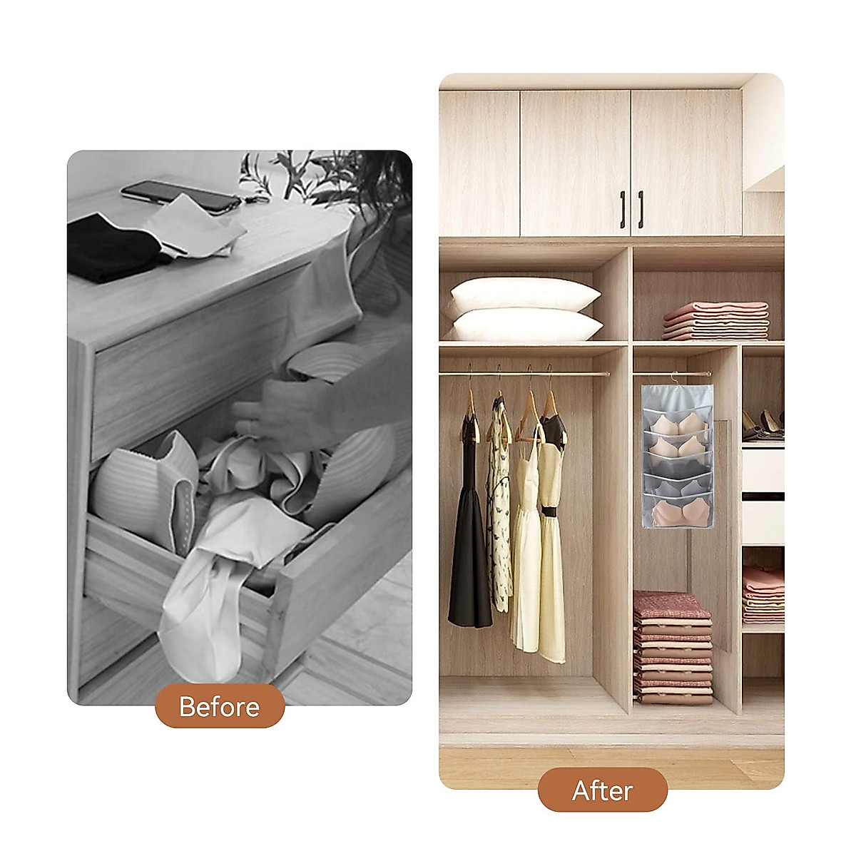 QoeCycth Closet Hanging Organizer with Mesh Pockets & Rotating Metal Hanger,Dual Sided Wall Shelf Storage Bags,Oxford Cloth Space Saver Bag for Bra Underwear Underpants Socks