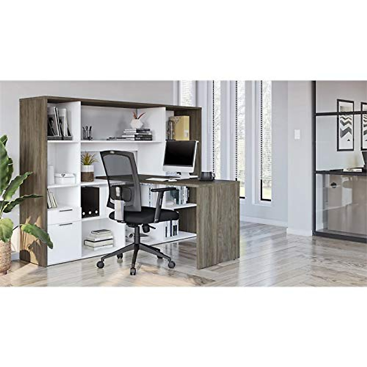 Bestar Gemma 2-Piece Set Including One L-Shaped Desk with Hutch and One Bookcase in Walnut Grey & White
